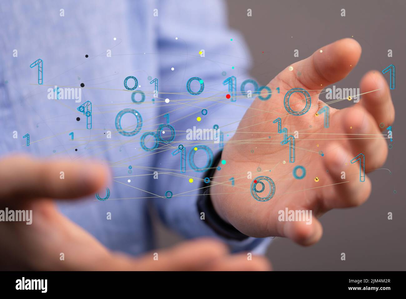 A person's hand with illustrative number icons floating above hands ...