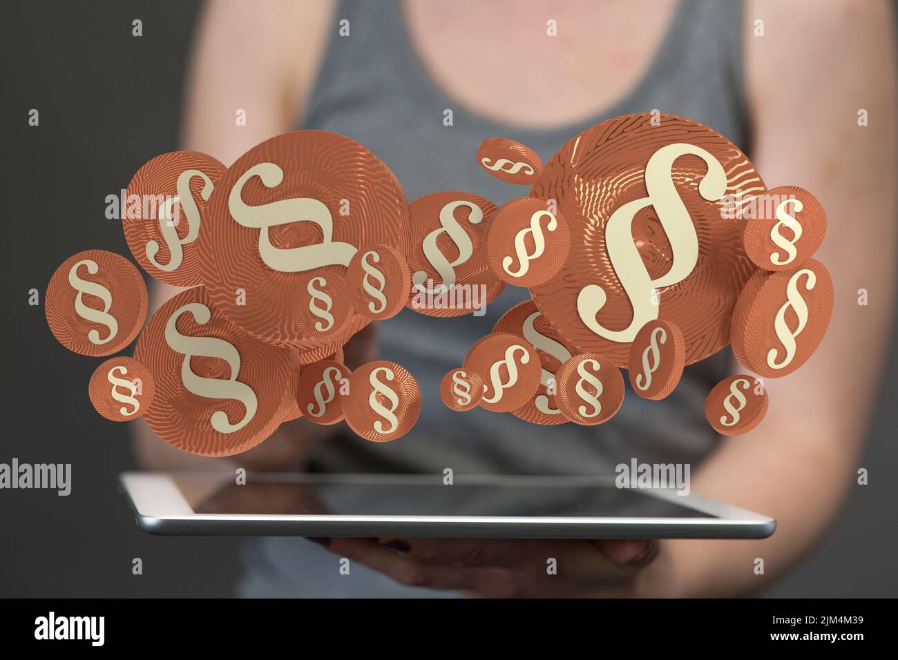 A 3D render of section signs levitating above a tablet in a person's ...