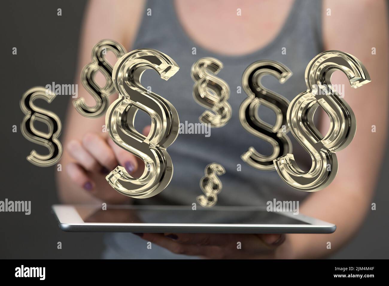 A hand holding a tablet with illustrative paragraph icons floating ...
