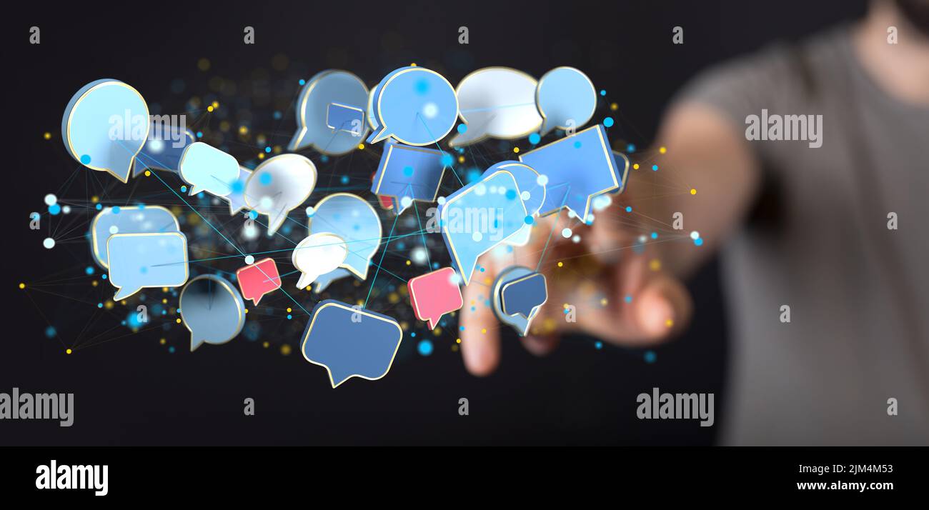 A person showing illustrative message icons with his hands. Concept of ...