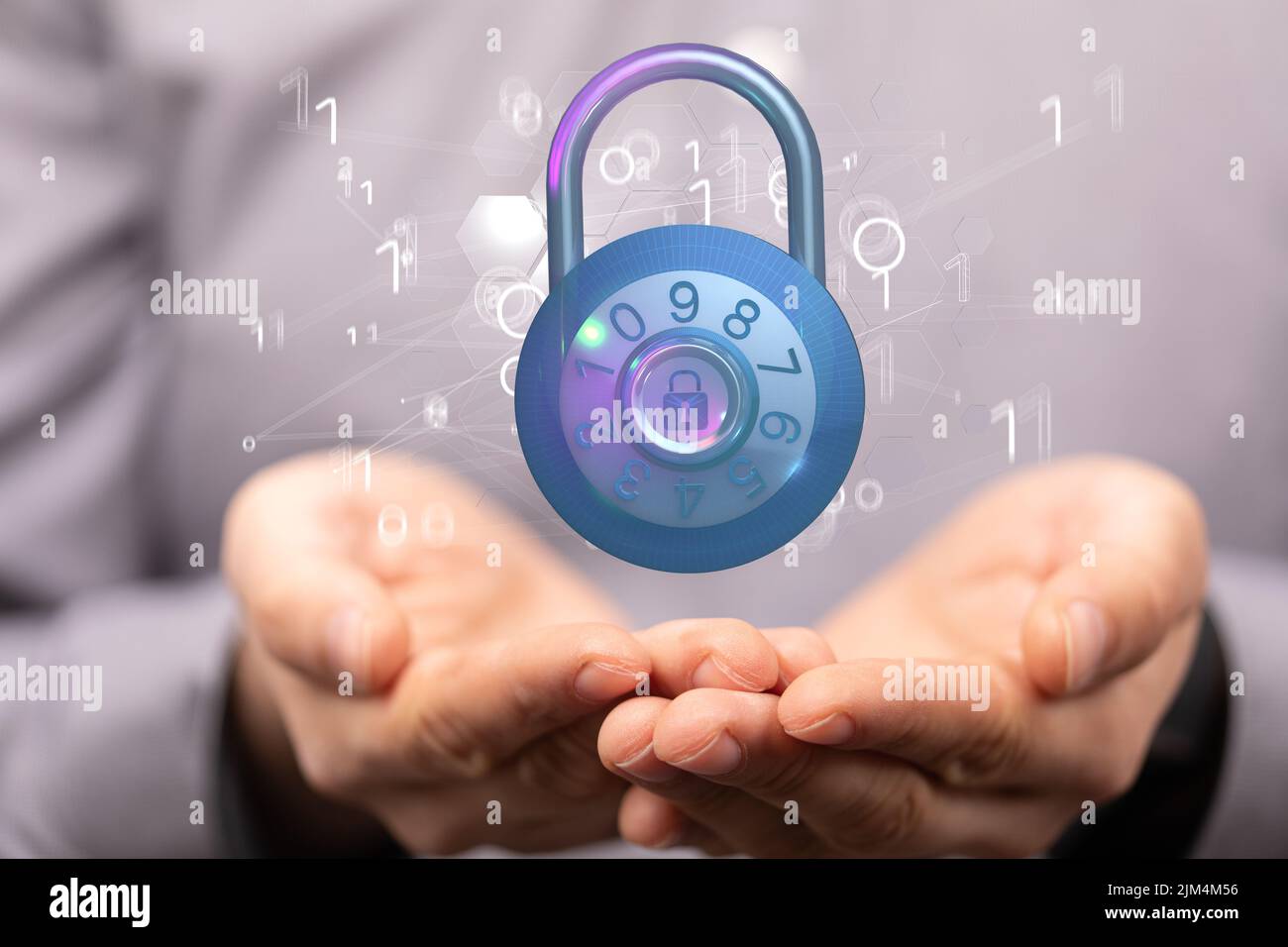 A Person's finger touching a 3D rendered security concept with floating padlock and binary code ...