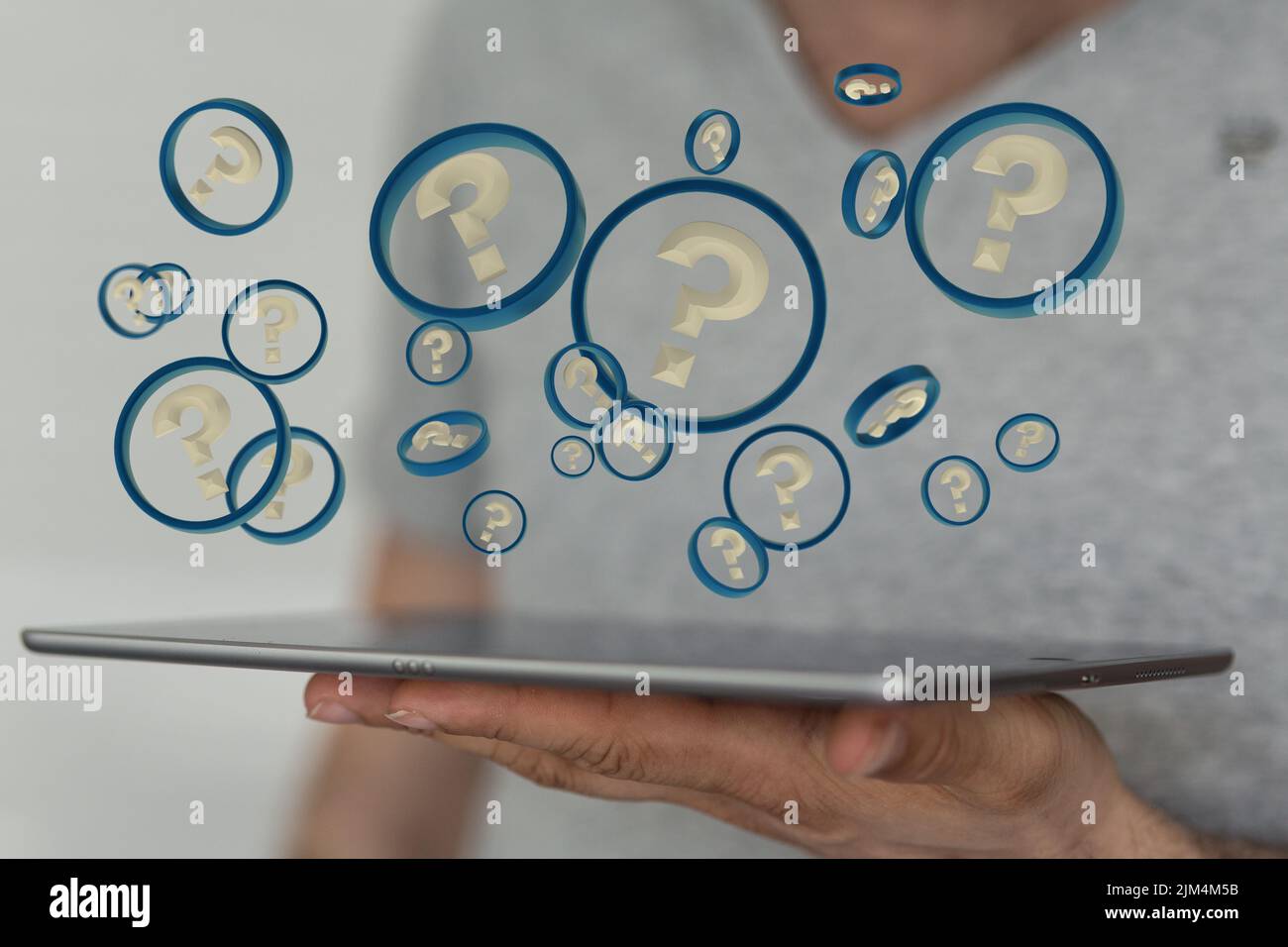 A 3D rendering of question marks levitating above a tablet in a person ...