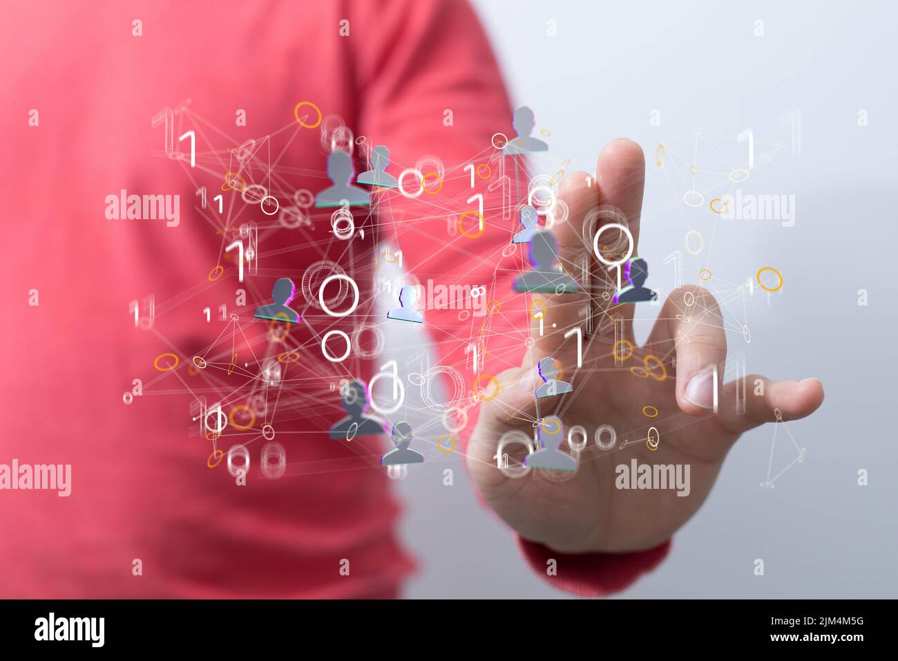 A person's hand tapping on the screen with illustrative people icons ...