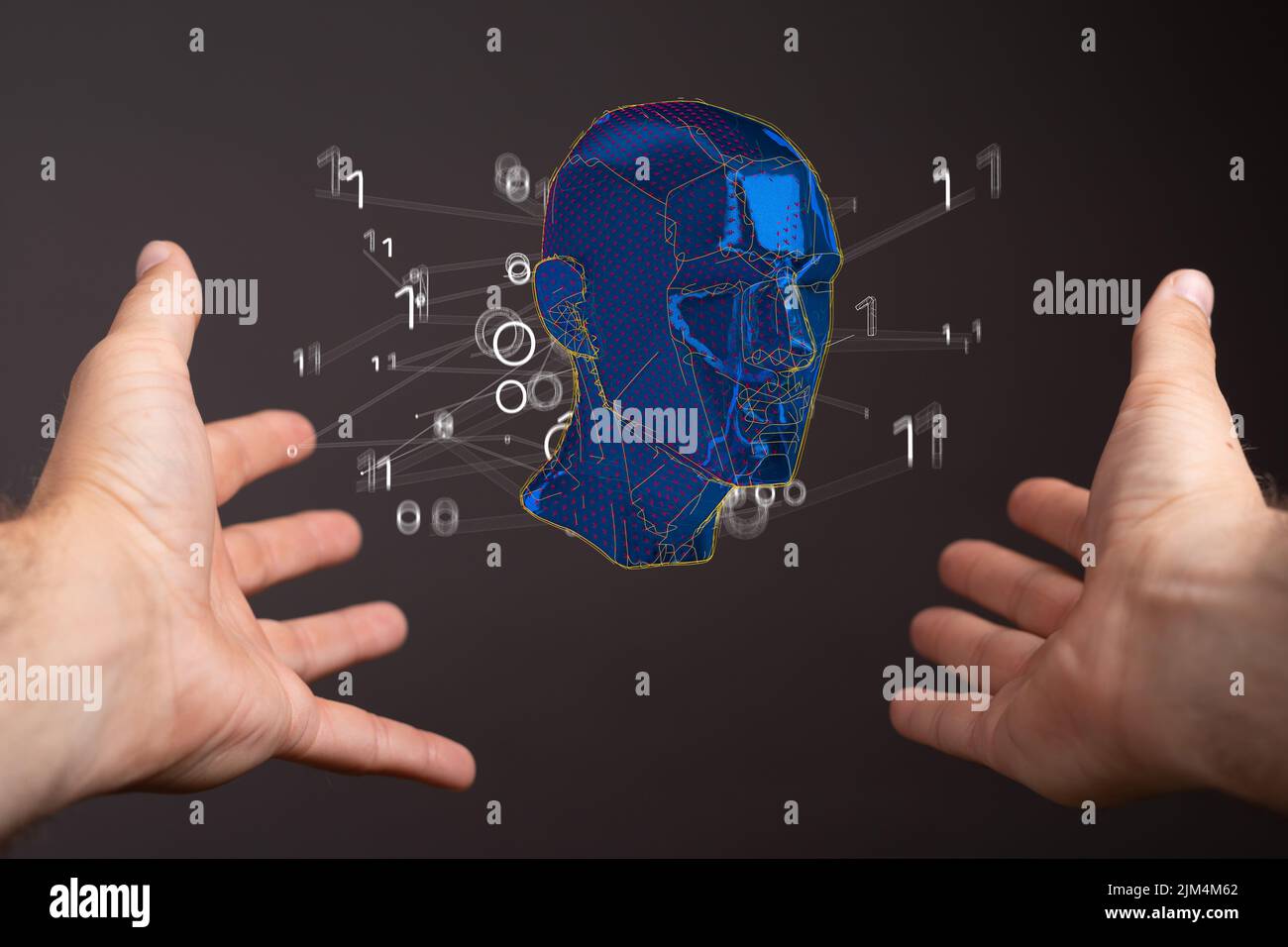 A person's hands with an illustrative cyber human head floating above ...
