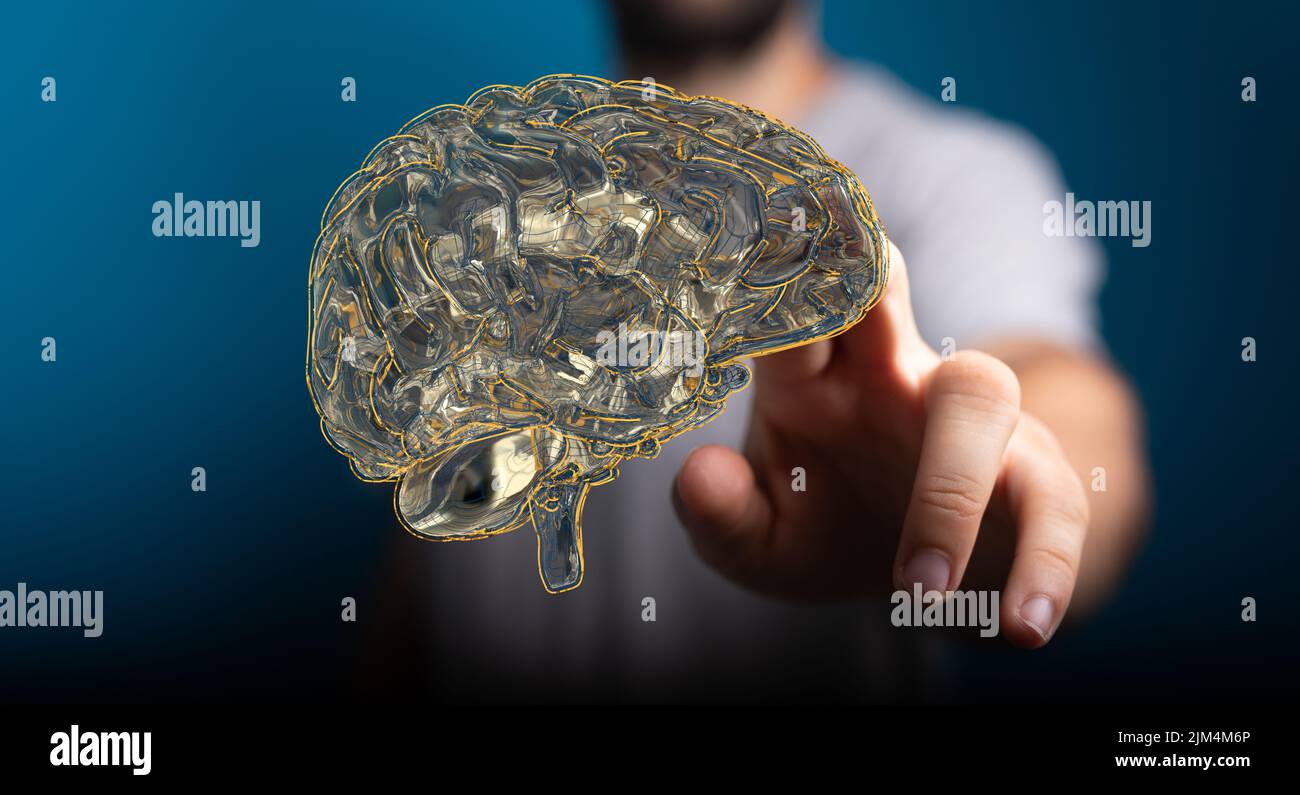 A person's hand tapping on a screen with an illustrative brain icon in ...