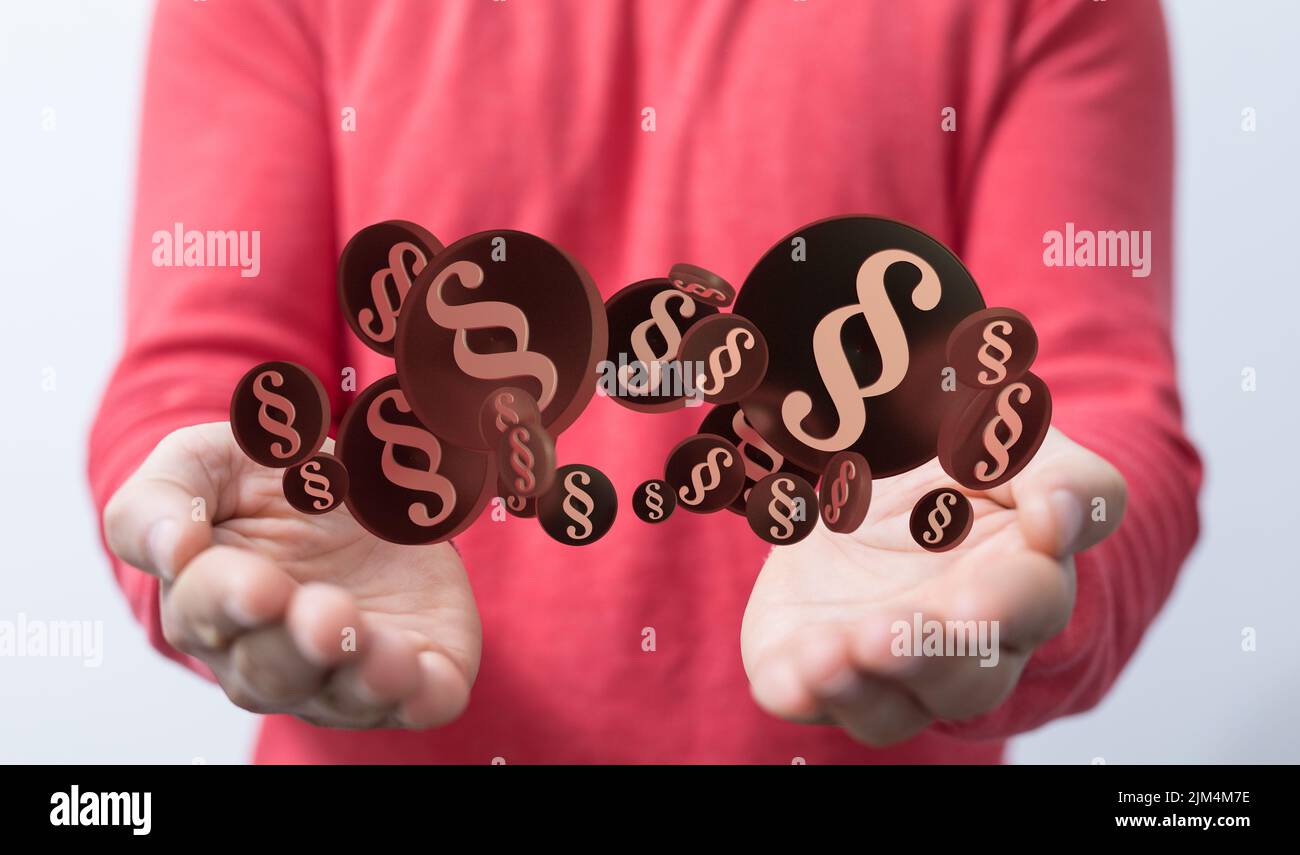 A person's hand with illustrative paragraph icons floating above hands ...