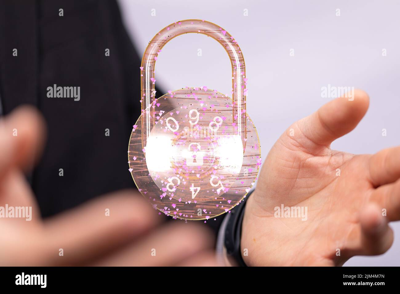 A Person's finger touching a 3D rendered security concept with floating padlock and binary code ...