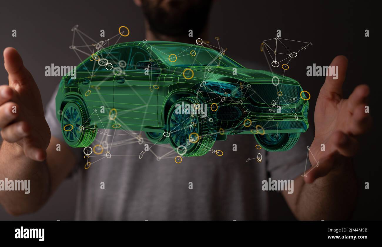 A closeup 3D rendering of a holographic smart car floating in a man's ...