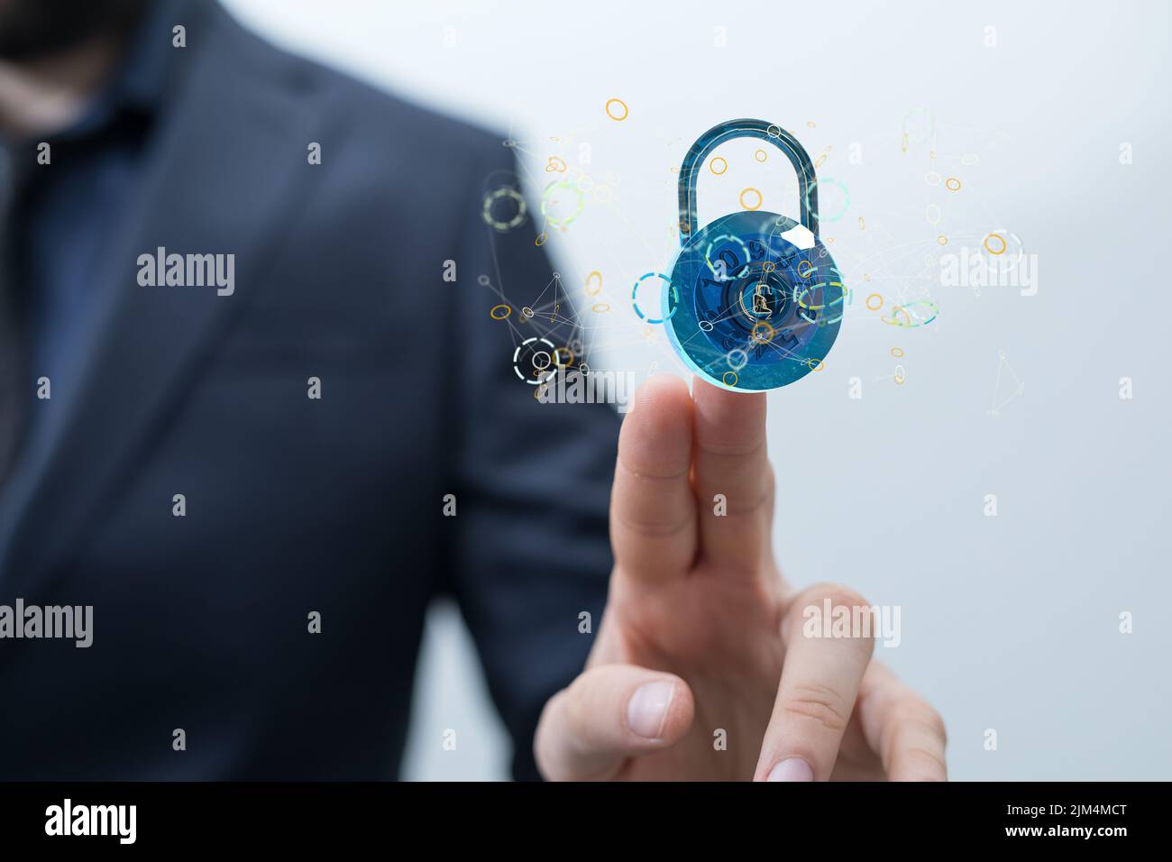 A person's finger touching a 3D rendered digital concept of security with floating padlock and ...