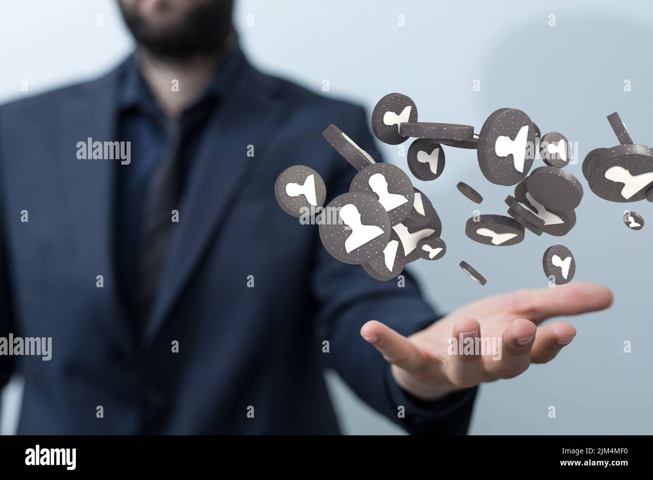 A 3D rendering of profile icons levitating above a person's hands Stock ...