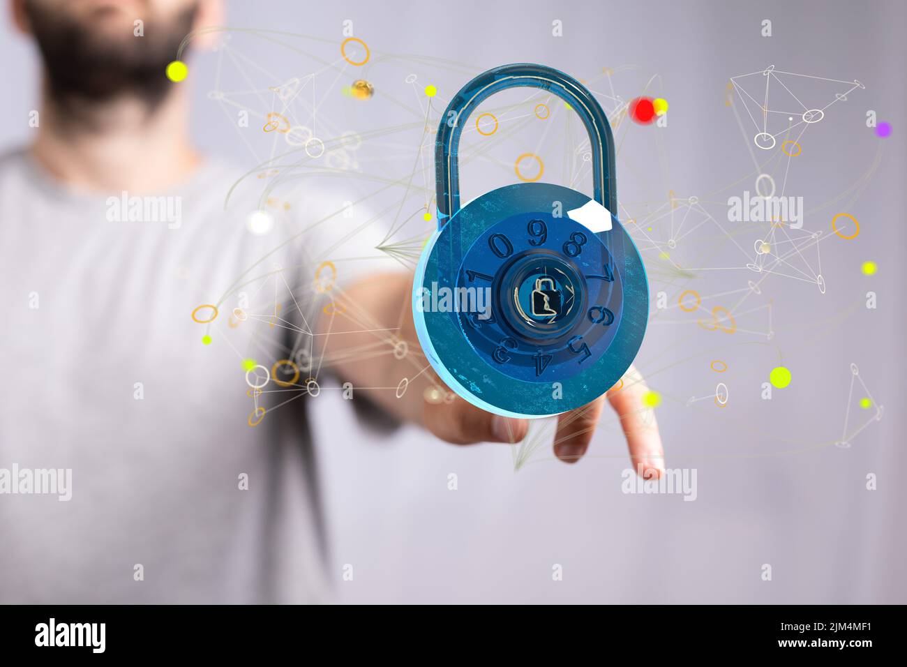 A Person's finger touching a 3D rendered security concept with floating padlock and binary code ...