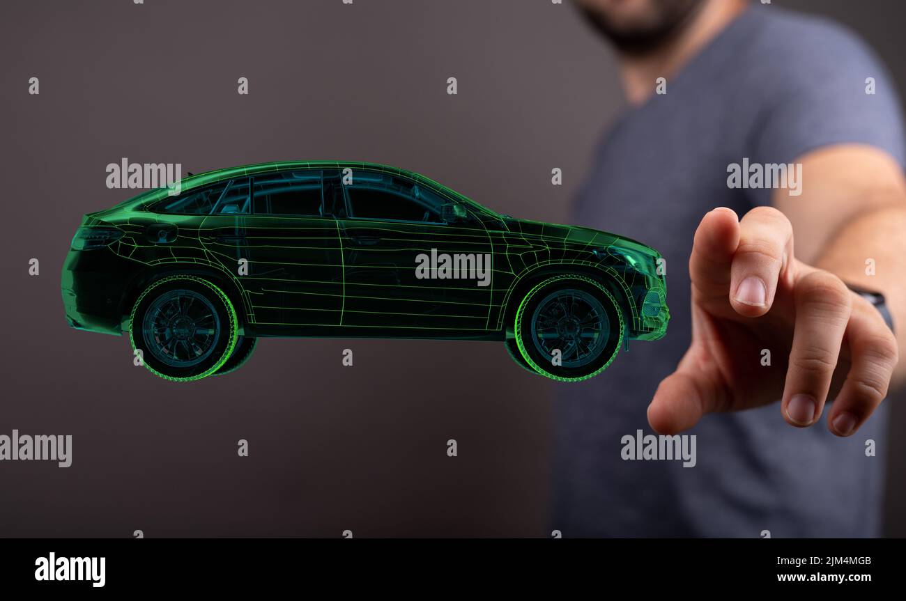 A man presenting a 3D rendering of a holographic smart car Stock Photo ...