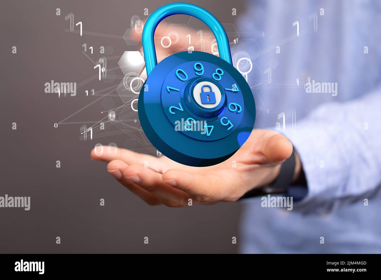 A Person's finger touching a 3D rendered security concept with floating padlock and binary code ...