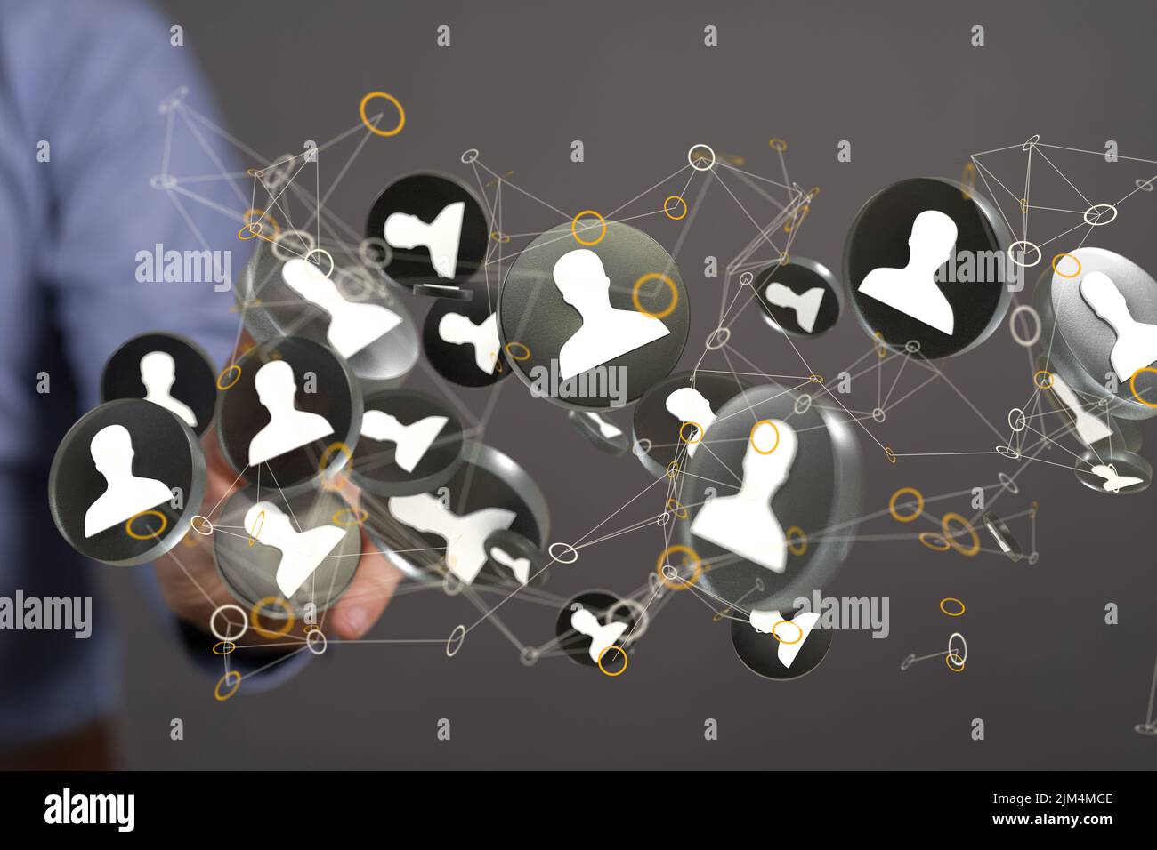 A man's hand pointing at contact icons with digital lines. Social ...