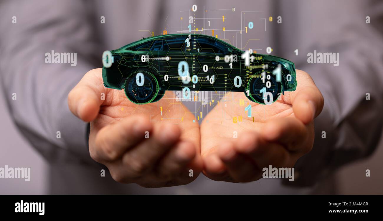 A man presenting a 3D rendering of a holographic smart car Stock Photo ...