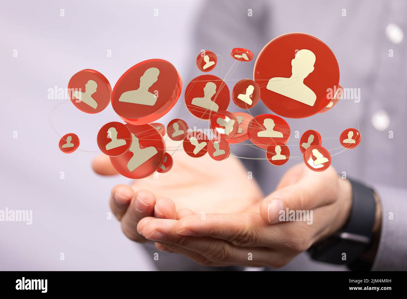 3D digital rendering of icons of people connecting together over hands ...