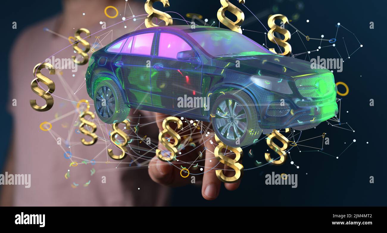 A businessman hand on blurred background using a 3D rendering green car ...