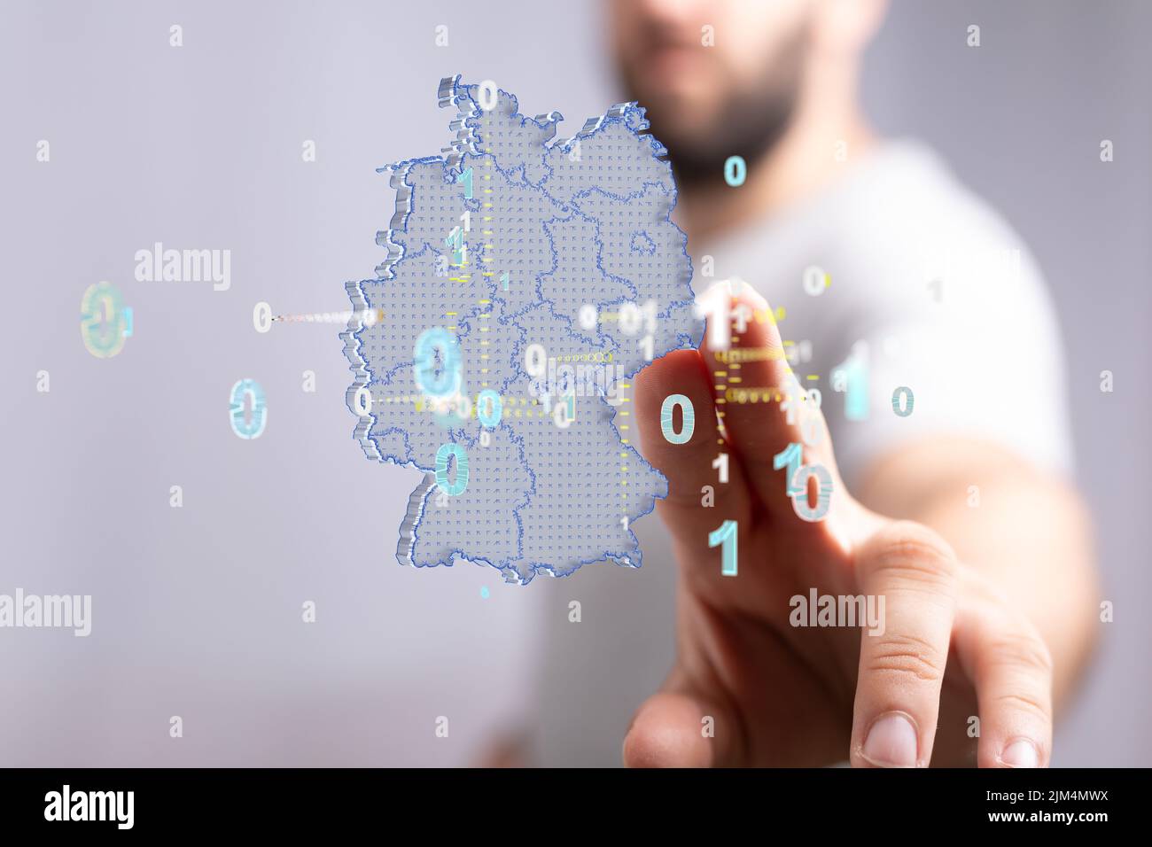 A man pointing the 3D rendered Germany map network, internet and global ...