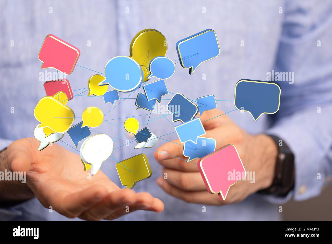 A 3D rendered paper speak bubble digital communication on a male hand ...