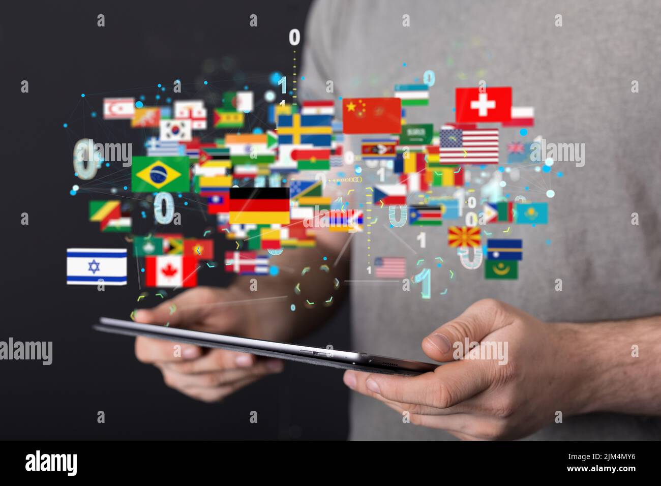 A man presenting 3D rendered international world flags Stock Photo - Alamy