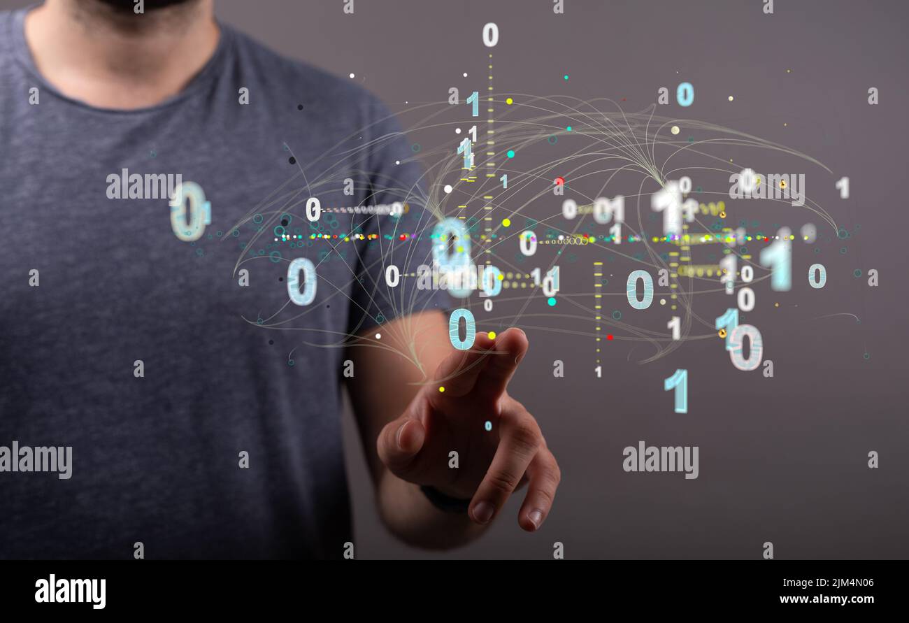 A businessman hand on blurred background using 3D rendering code ...