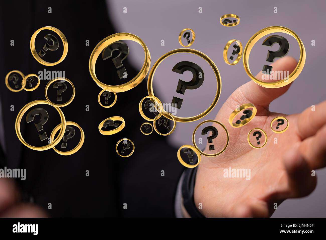 3D digital rendering of question icons with a man's hand - concept of ...