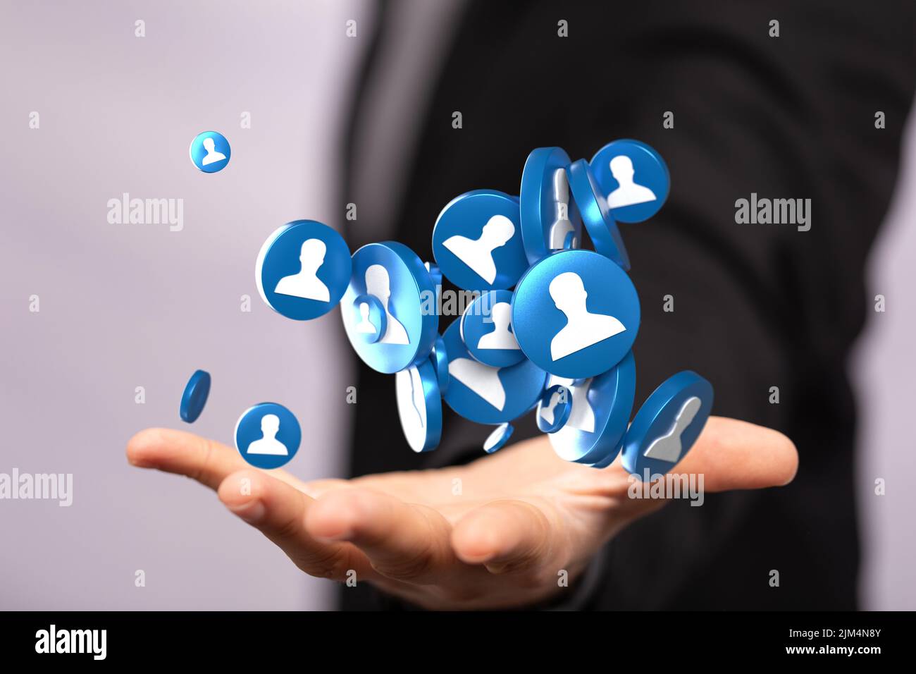 3D digital rendering of icons of people connecting together over hand ...