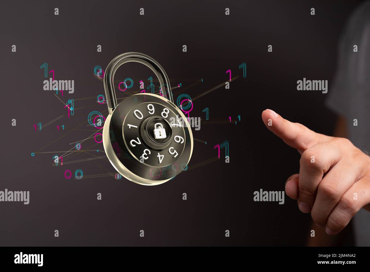 A finger touching a digital concept of security with floating padlock and binary code.Abstract ...