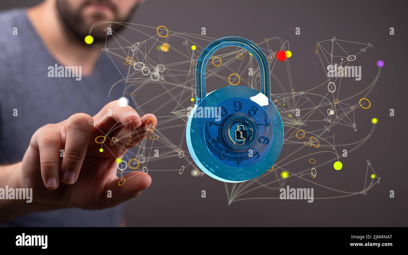 A finger touching a digital concept of security with floating padlock and binary code.Abstract ...