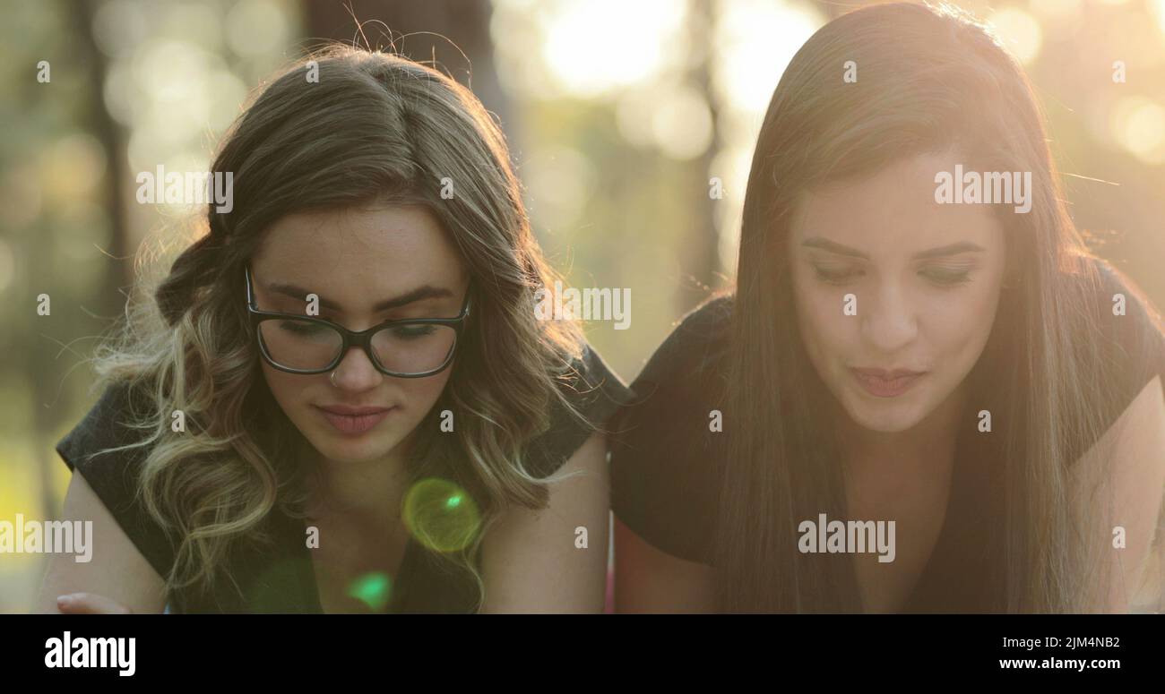 Friends studying together in the sunlight outside at the park. Smart ...