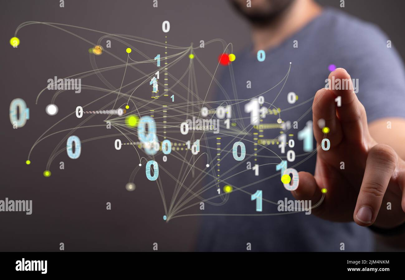 A hand pointing to digital binary codes - the concept of lines and futuristic data flow.3D ...
