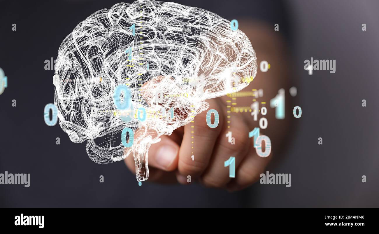 3D rendering of a digital brain with a hand touching it from behind ...