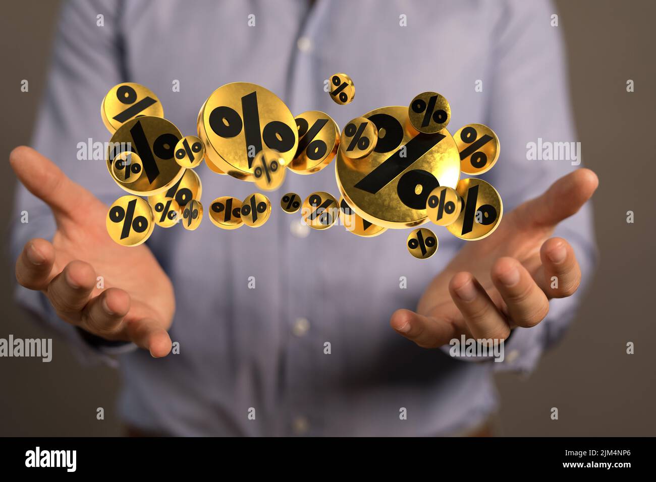 A 3D rendered sale percent discount golden symbols over the businessman ...