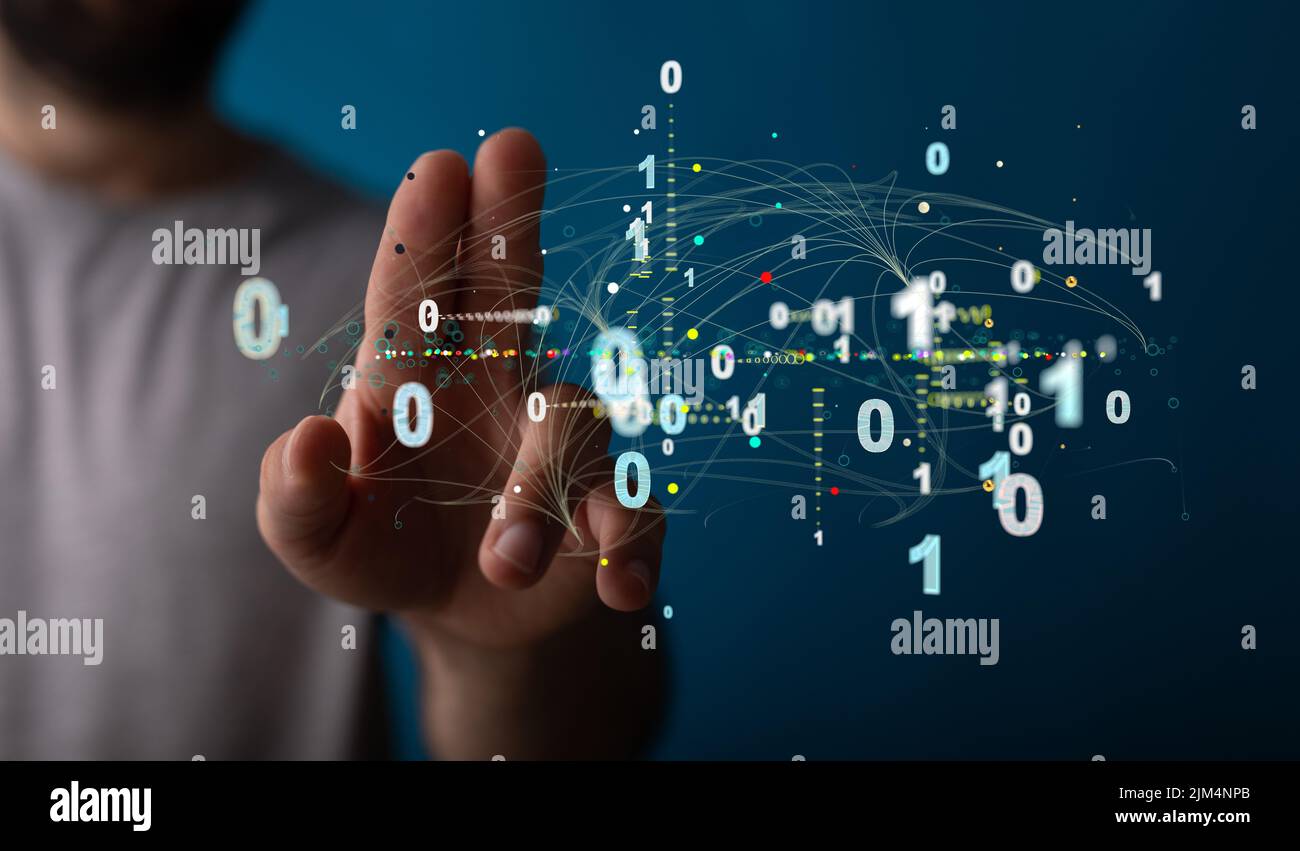 A hand pointing to digital binary codes - the concept of lines and futuristic data flow.3D ...
