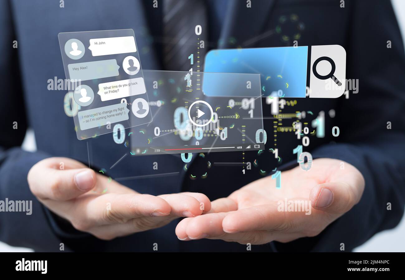 A closeup of 3D rendered web applications in man's hand , digital ...