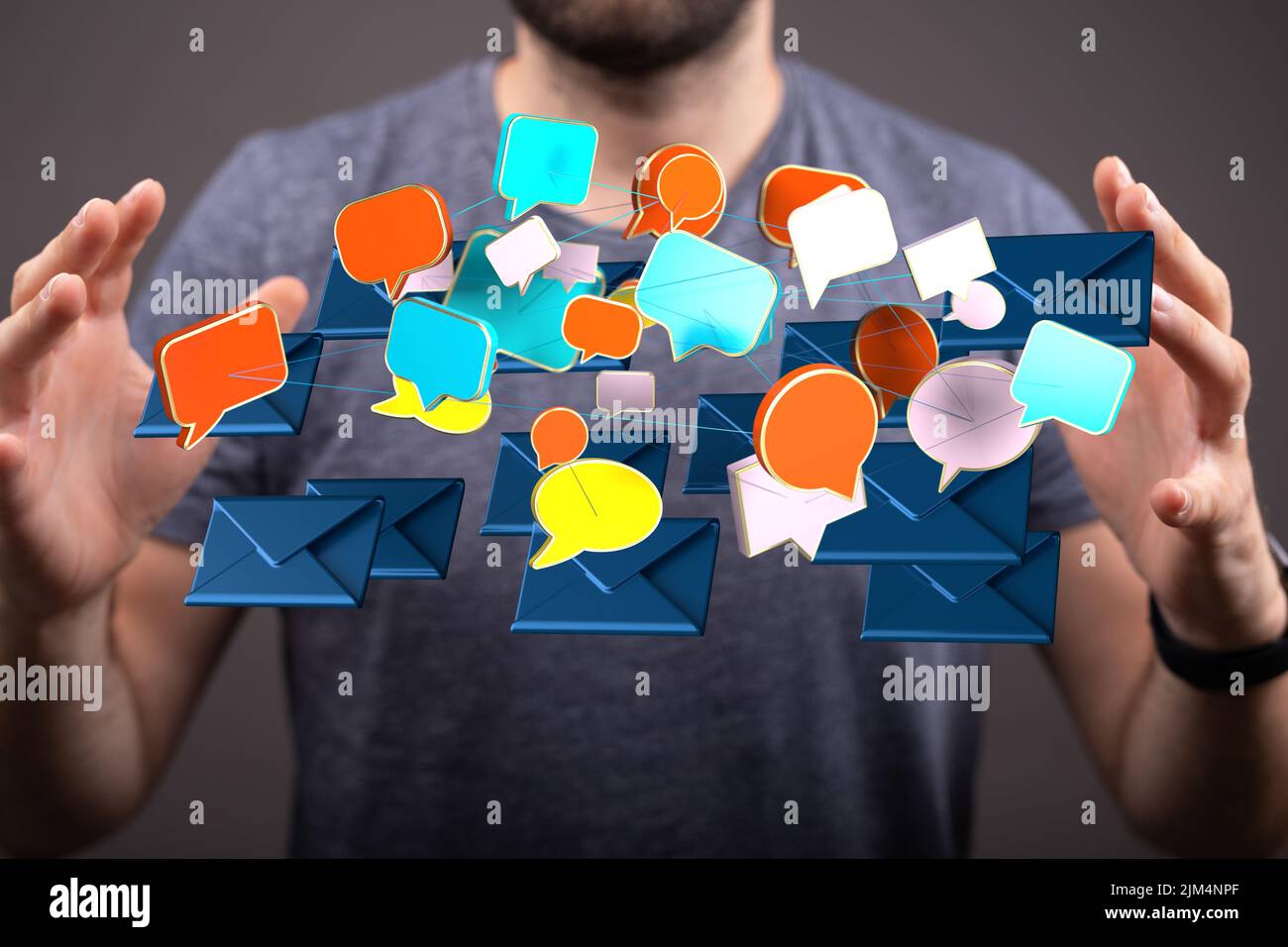 A closeup of a male hand with a lot of illustrations of message and ...