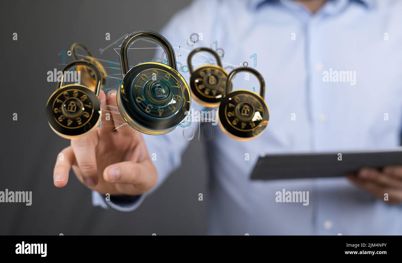 A Finger Touching A Digital Concept Of Security With Floating Padlocks And Binary Code Abstract