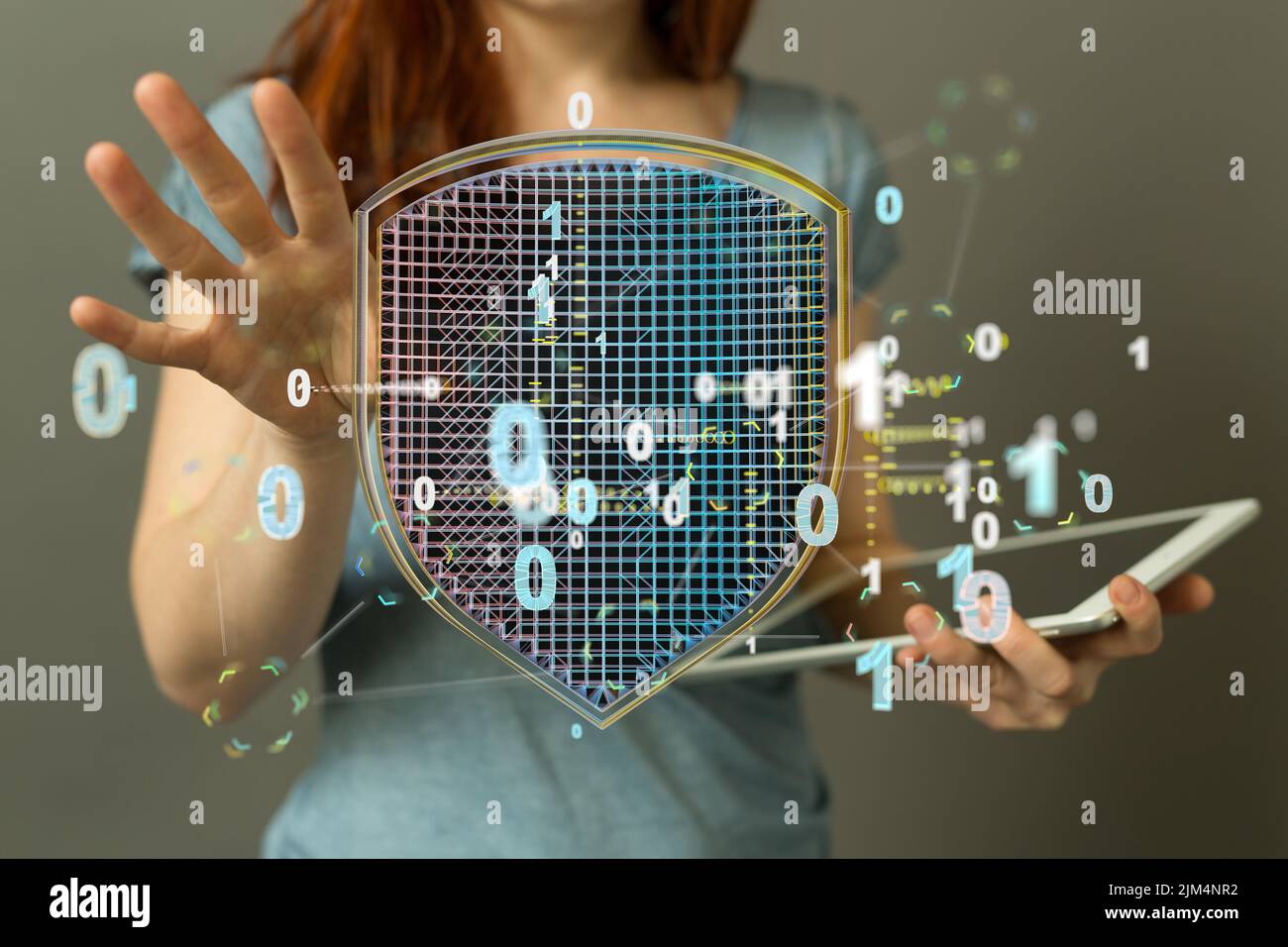 A 3D rendering of binary codes and a human hand touching a transparent ...