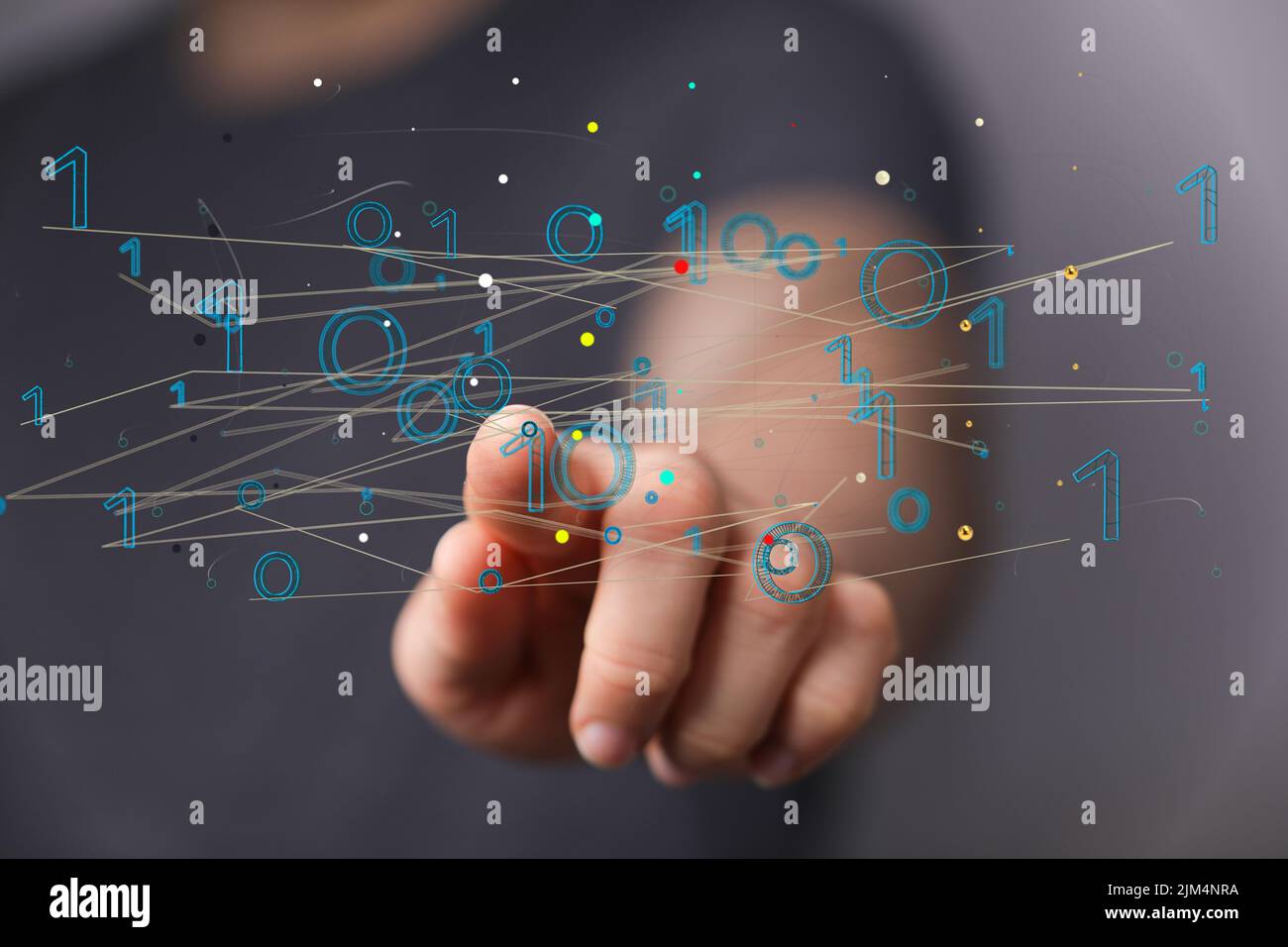 A hand pointing to digital binary codes - the concept of lines and ...