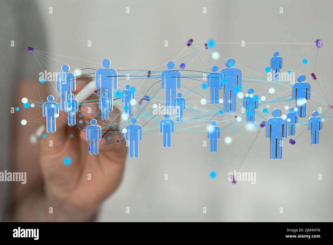 A 3d rendered of hand touching network of profile icons - organization ...