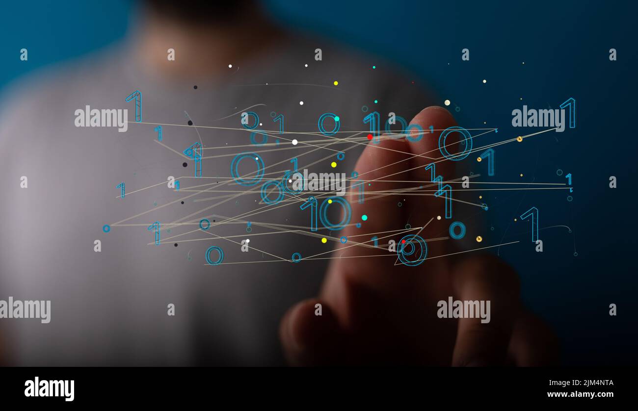 A hand pointing to digital binary codes - the concept of lines and futuristic data flow.3D ...