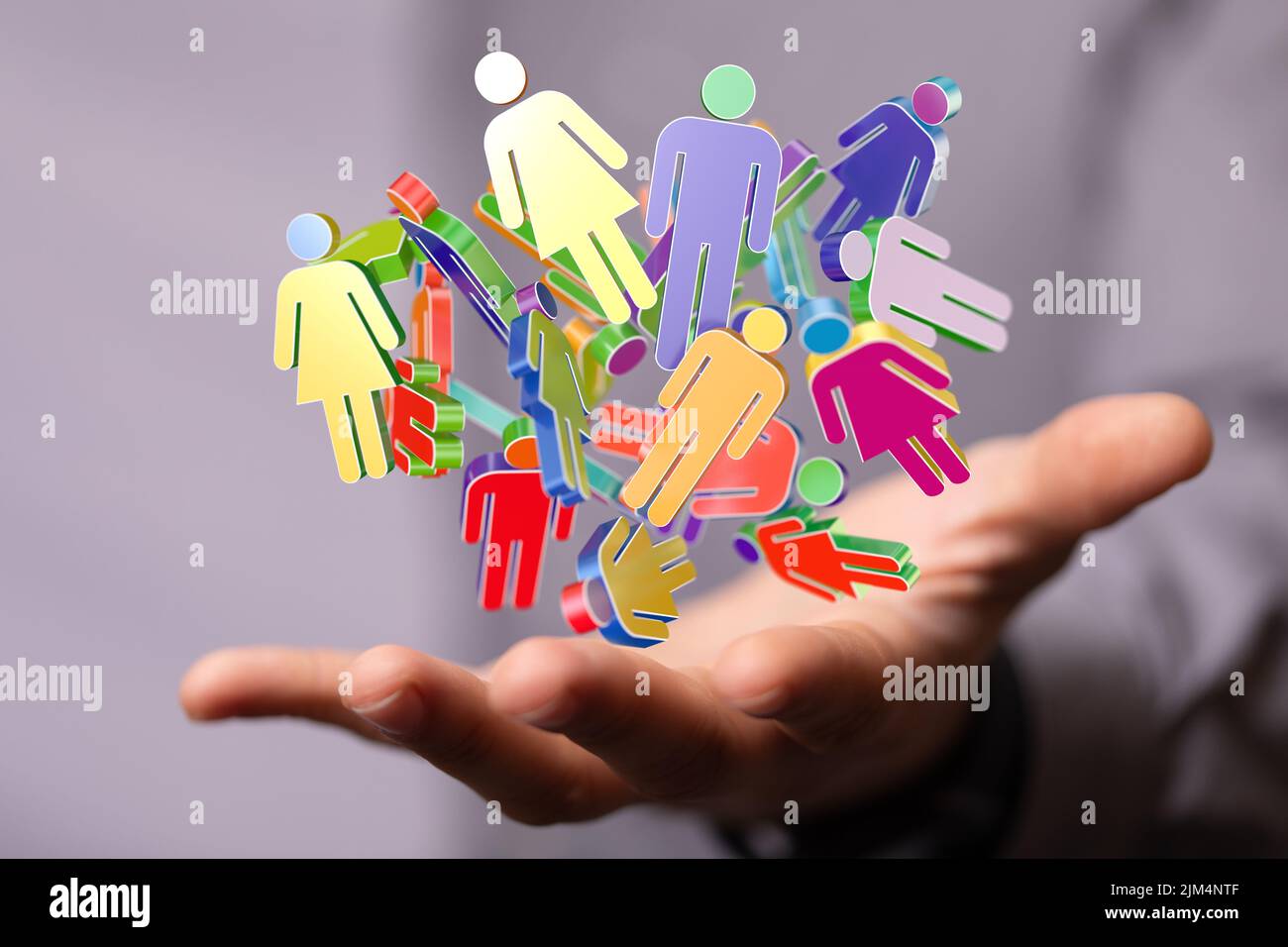 A 3d rendering of colorful human figures in a hand for social networks ...