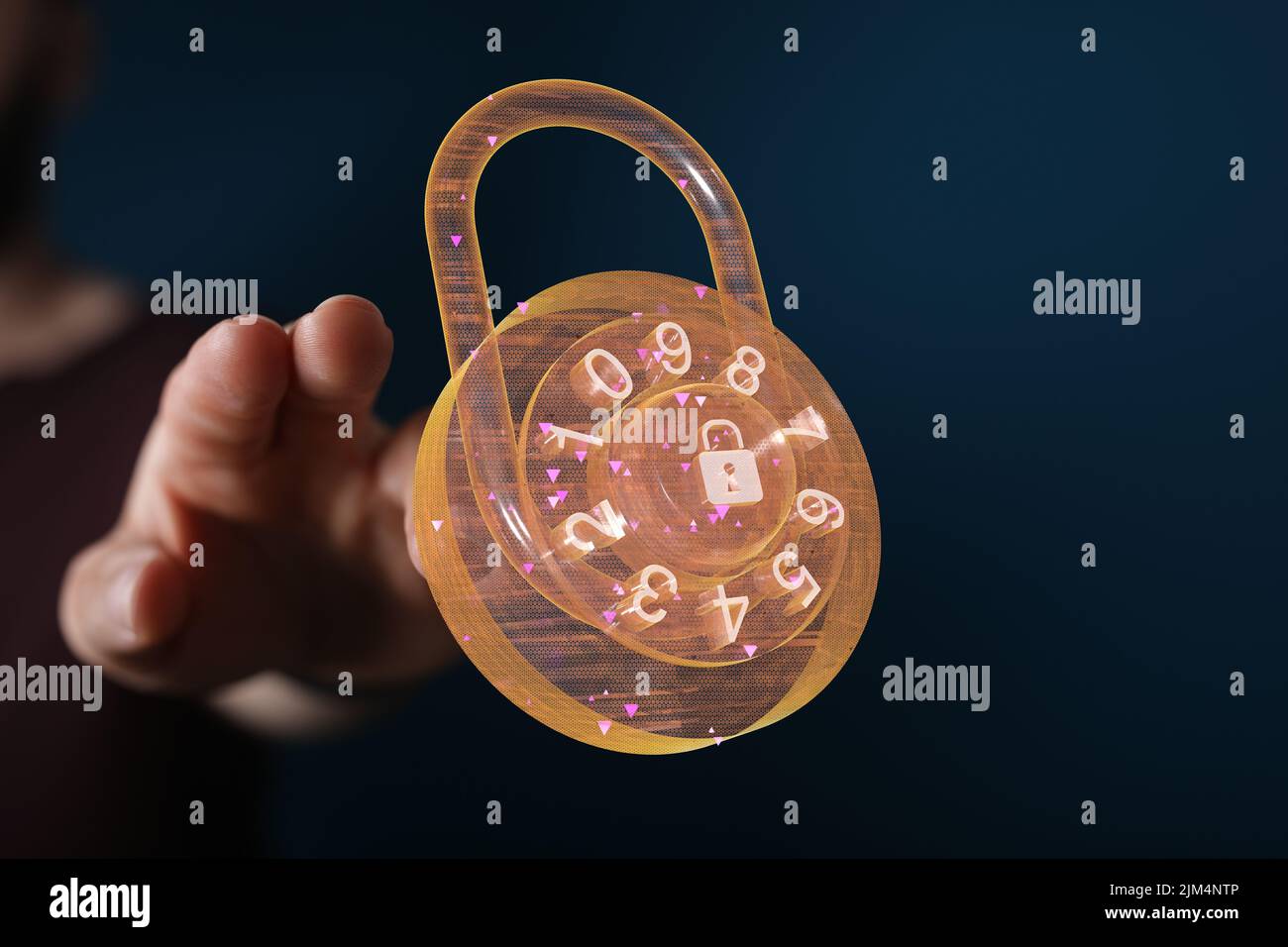 A finger touching a digital concept of security with floating padlock and binary code.Abstract ...