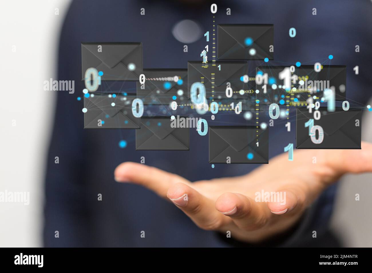 A 3D render of an email symbol and Network Communications with male ...