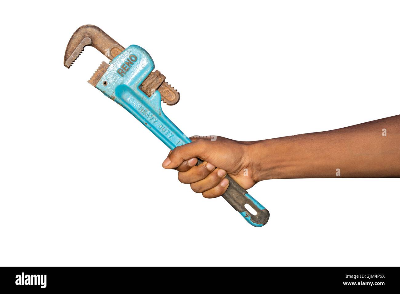 Hand of car mechanic with a wrench. Isolated over white background ...