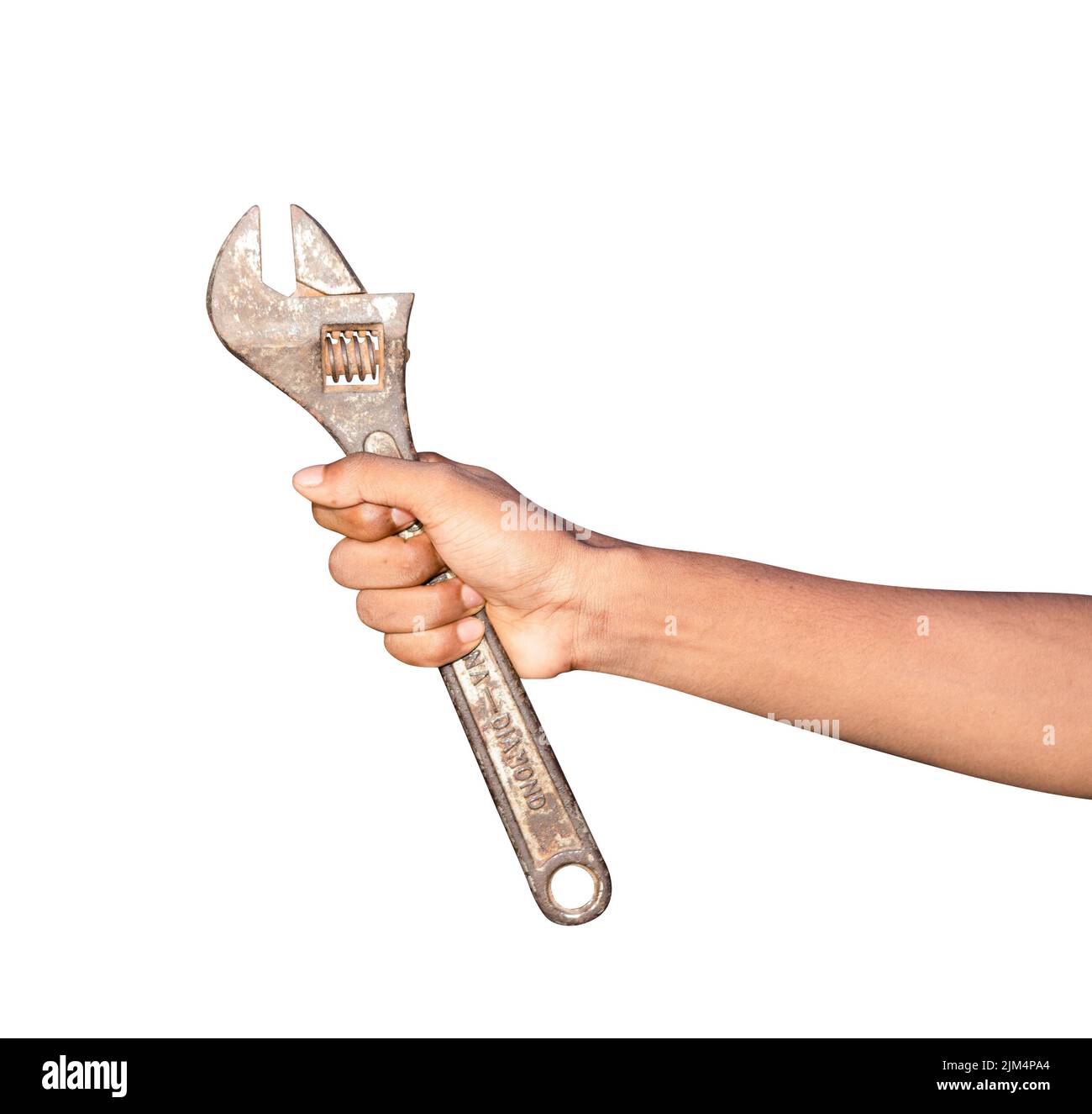 Hand of car mechanic with a wrench. Isolated over white background ...