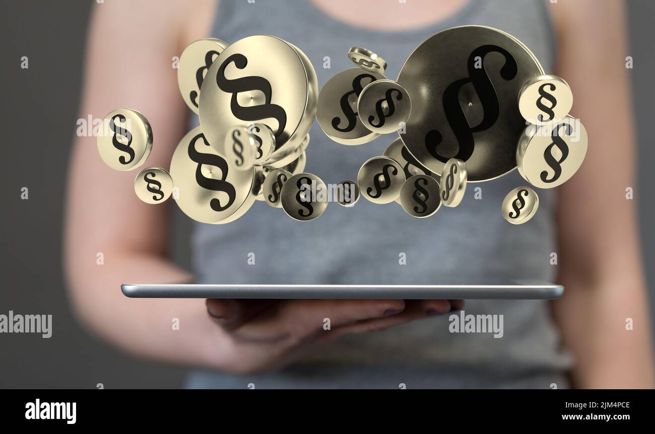 A closeup of illustrated Law Protection Right Symbols near a hand Stock ...