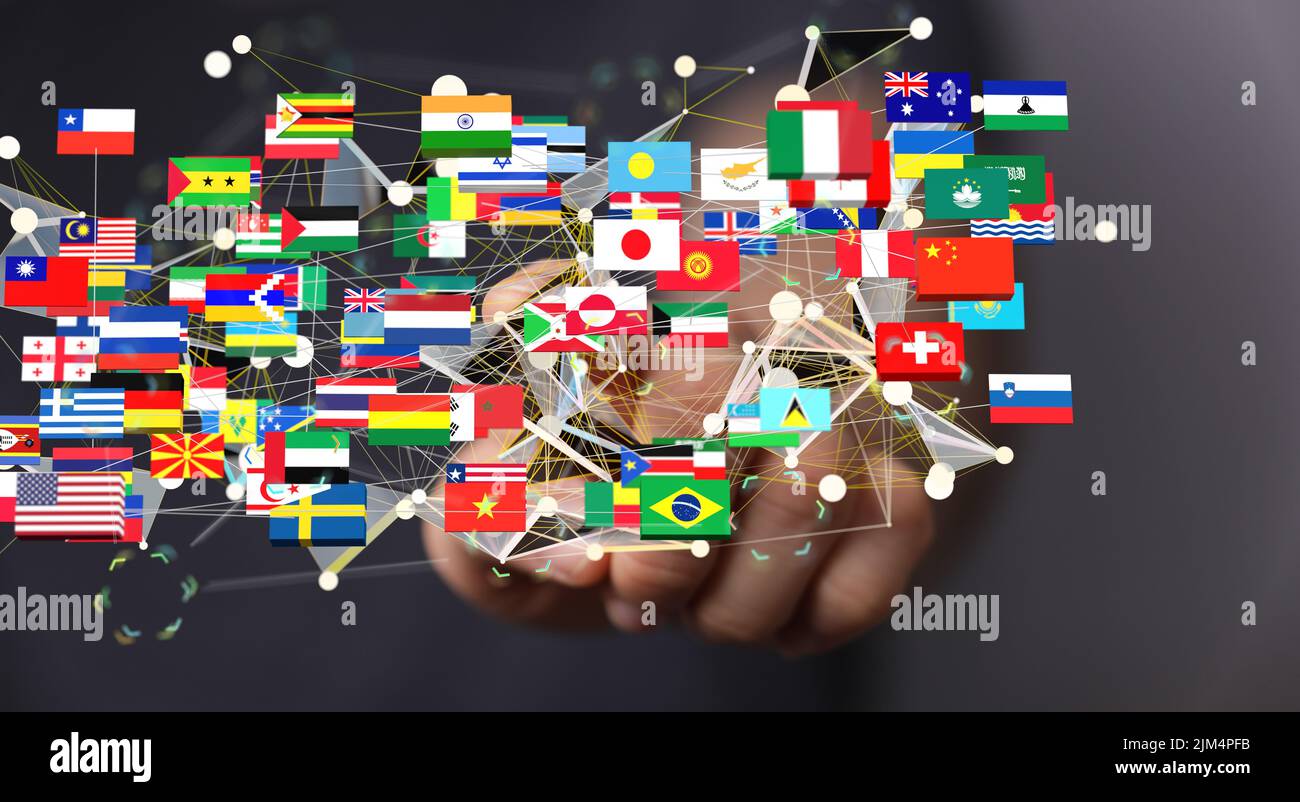 A closeup of illustrated world flags near a hand Stock Photo - Alamy