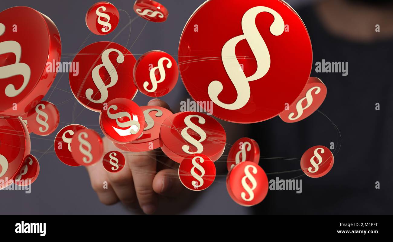 A closeup of illustrated Law Protection Right Symbols near a hand Stock ...