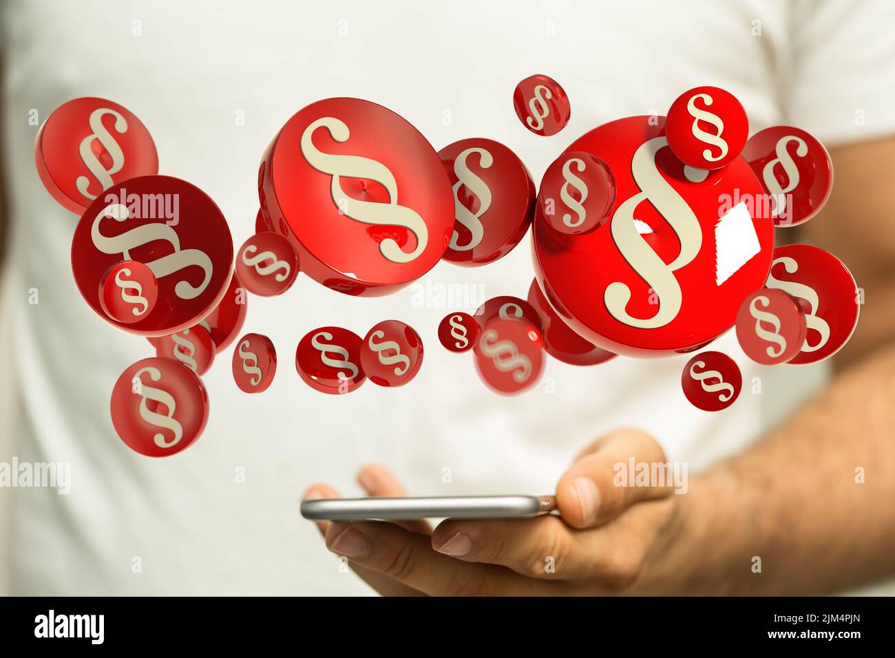 A view of red law paragraph symbols floating over smartphone holding by ...